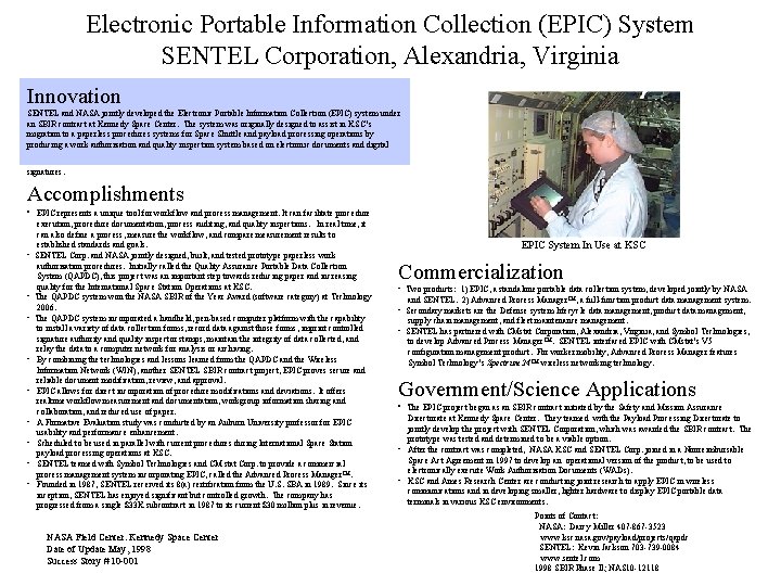 Electronic Portable Information Collection EPIC System SENTEL Corporation