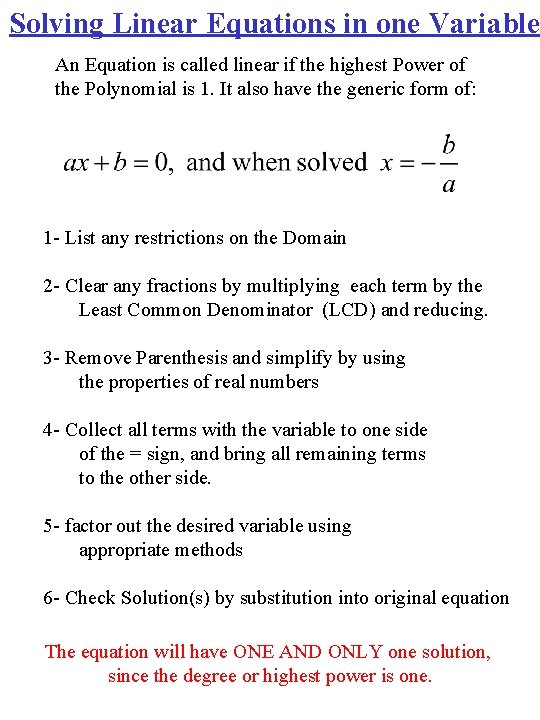 Solving Linear Equations in one Variable An Equation