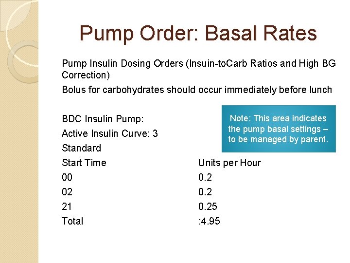 Clarification of Pump Orders from Barbara Davis Center