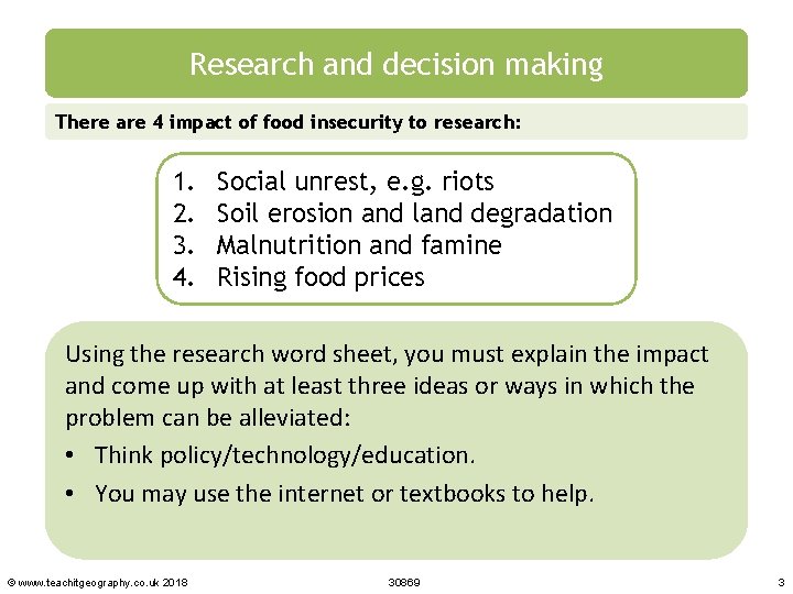 Impacts of food insecurity Lesson objective To understand