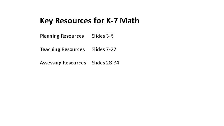 Key Resources for K7 Math Planning Resources Slides