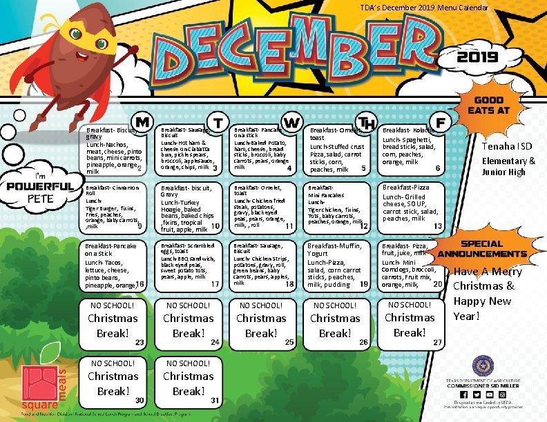 TDAs December 2019 Menu Calendar Breakfast Biscuit gravy