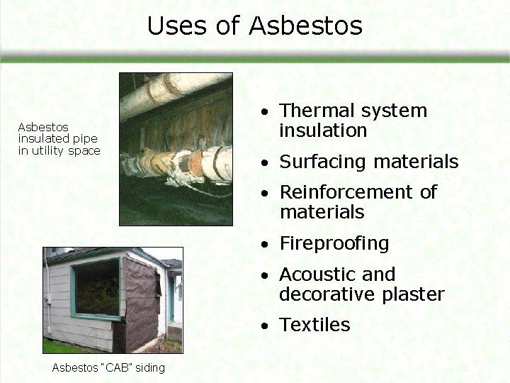 Asbestos An overview of properties health effects and