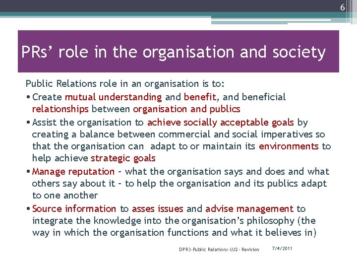 Public Relations strategic roles REVISION Learning Units 2