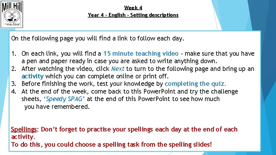 Week 4 Year 4 English Setting descriptions This