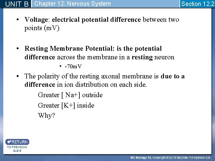 UNIT B Chapter 12 Nervous System Section 12
