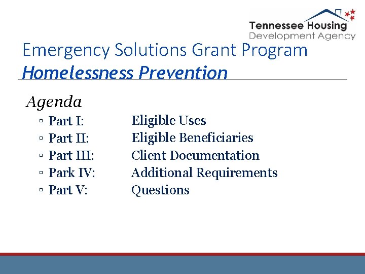 Emergency Solutions Grant Program Homelessness Prevention Agenda Part