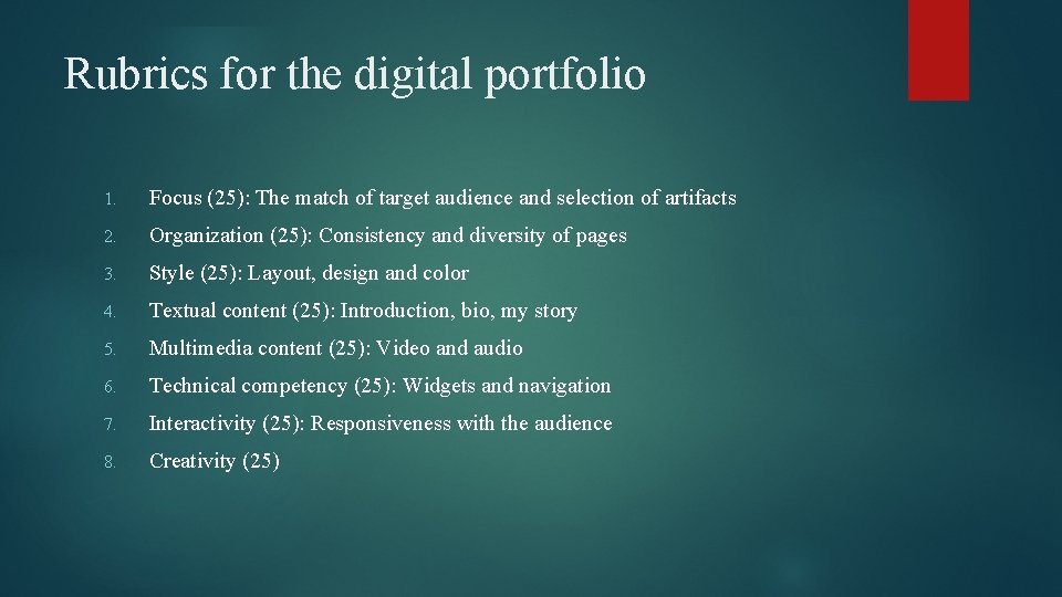 Digital Portfolio 1 STEPS AND EXAMPLES Rubrics for