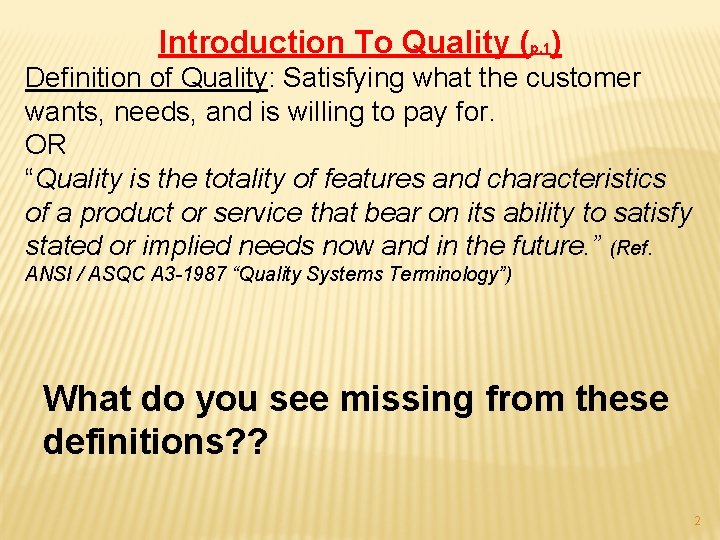 Week 1 Introduction to Quality Quality Management TQM