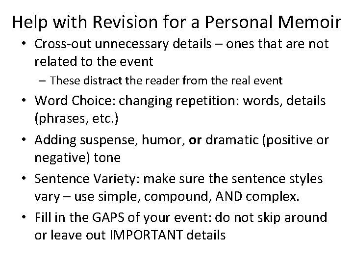 Personal Memoir Story Elements Characters Setting Problem Details