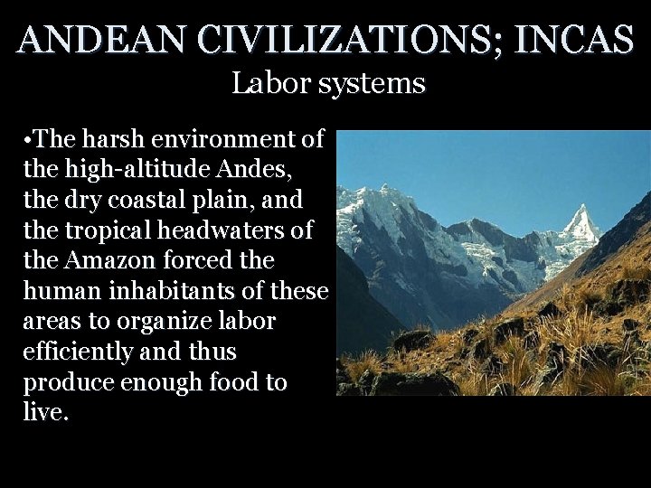 ANDEAN CIVILIZATIONS INCAS Labor systems The harsh environment