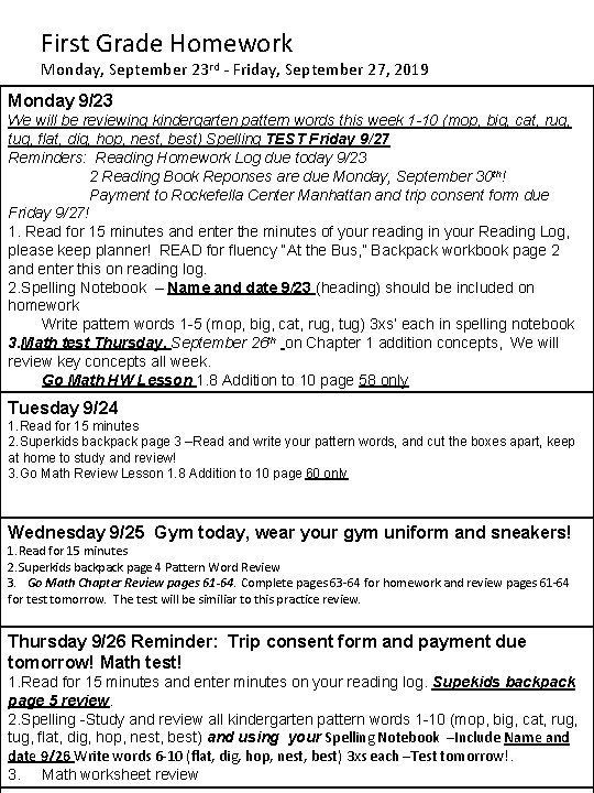 First Grade Homework Monday September 23 rd Friday