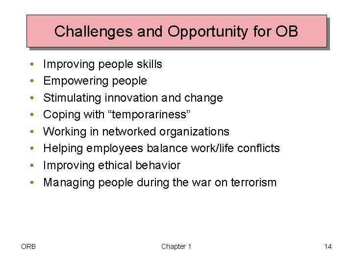 ORGANIZATIONAL BEHAVIOR Chapter 1 Introduction ORB Chapter 1