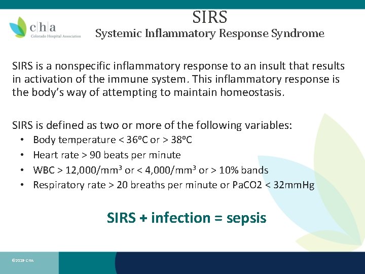 Sepsis 101 Colorado Hospital Association 2019 CHA Objectives
