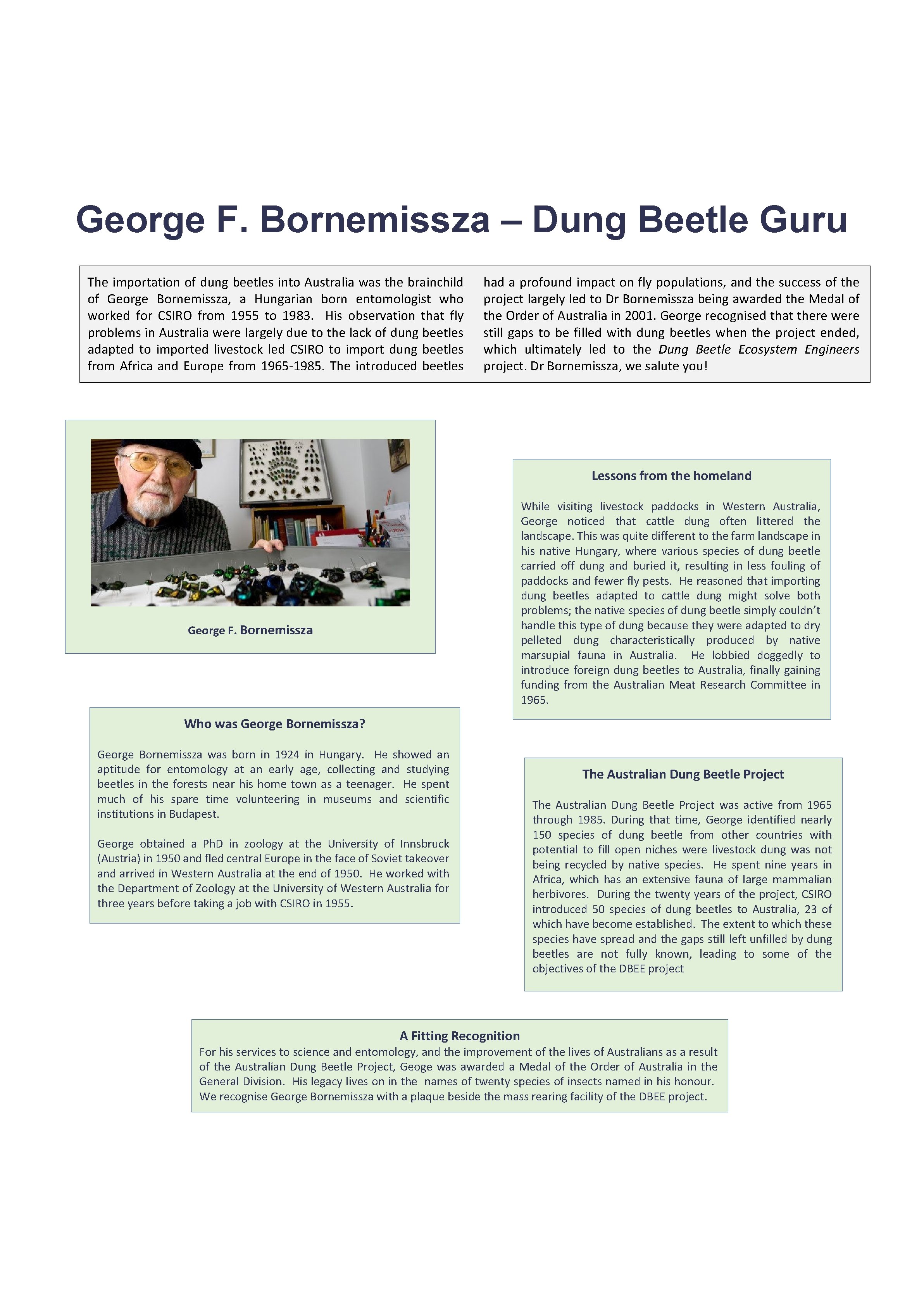 George F Bornemissza Dung Beetle Guru The importation