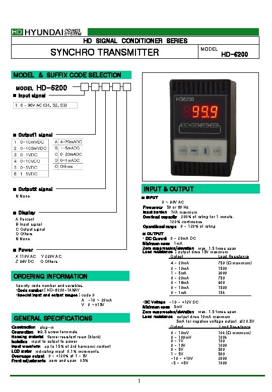 HD SIGNAL CONDITIONER SERIES MODEL SYNCHRO TRANSMITTER HD6200