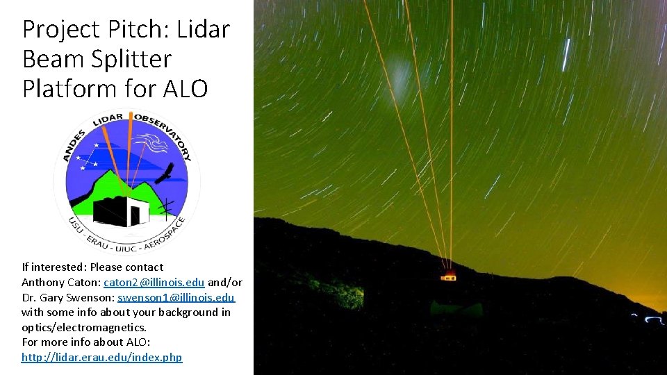 Project Pitch Lidar Beam Splitter Platform for ALO