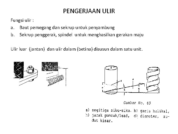 PENGERJAAN ULIR Fungsi ulir a Baut pemegang dan