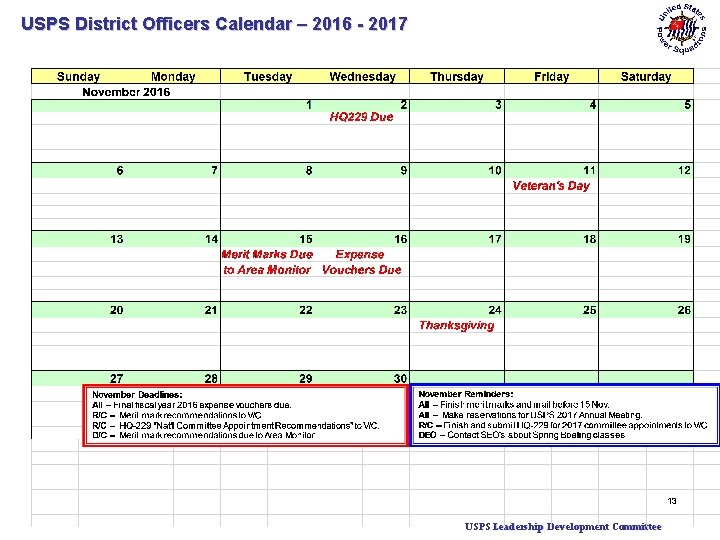 USPS District Officers Calendar 2016 2017 USPS District