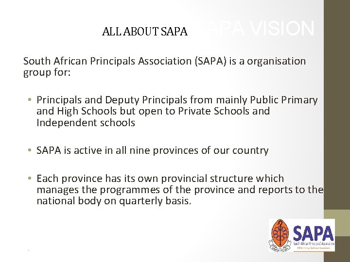ALL ABOUT SAPA S APA VISION South African