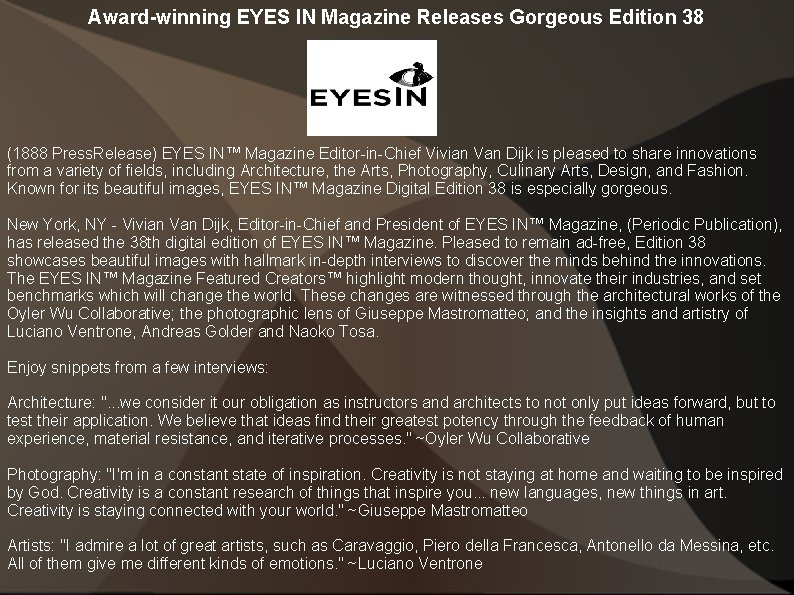 Awardwinning EYES IN Magazine Releases Gorgeous Edition 38
