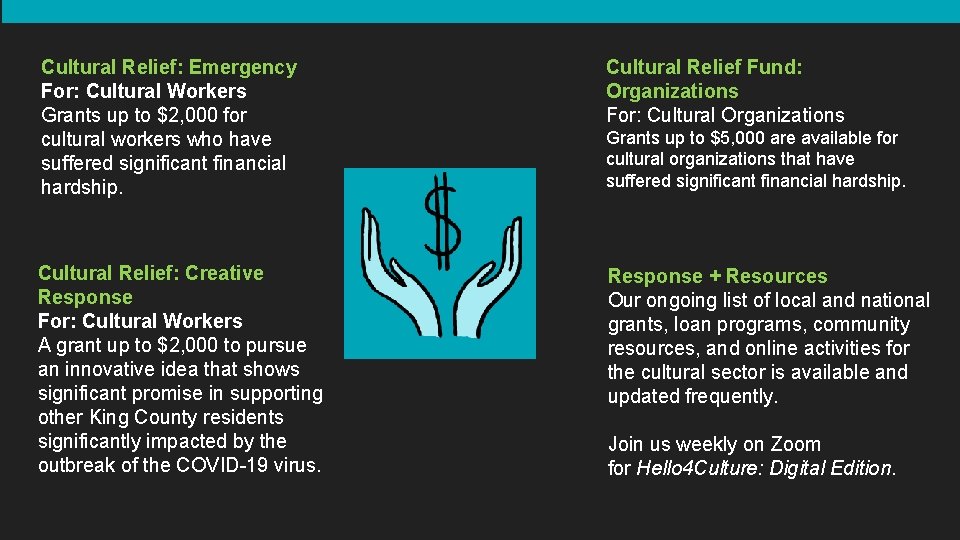 4 Culture supports four cultural areas including arts