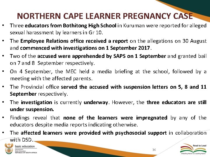 PORTFOLIO COMMITTEE ON BASIC EDUCATION Prevention and Management