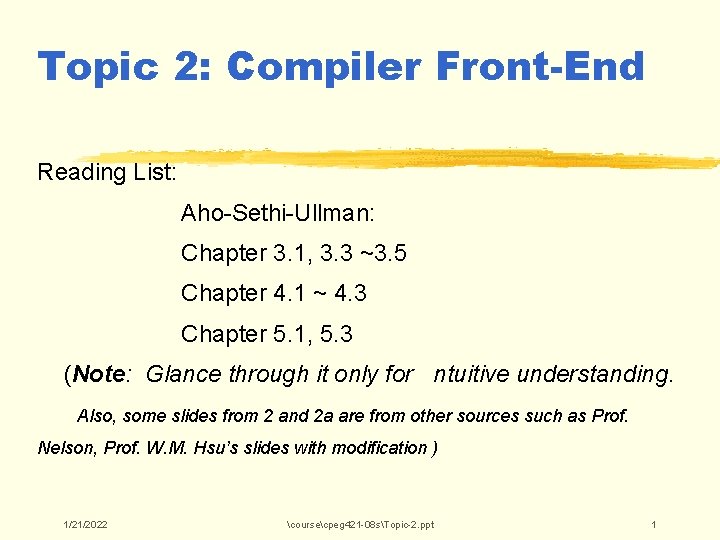 Topic 2 Compiler FrontEnd Reading List AhoSethiUllman Chapter