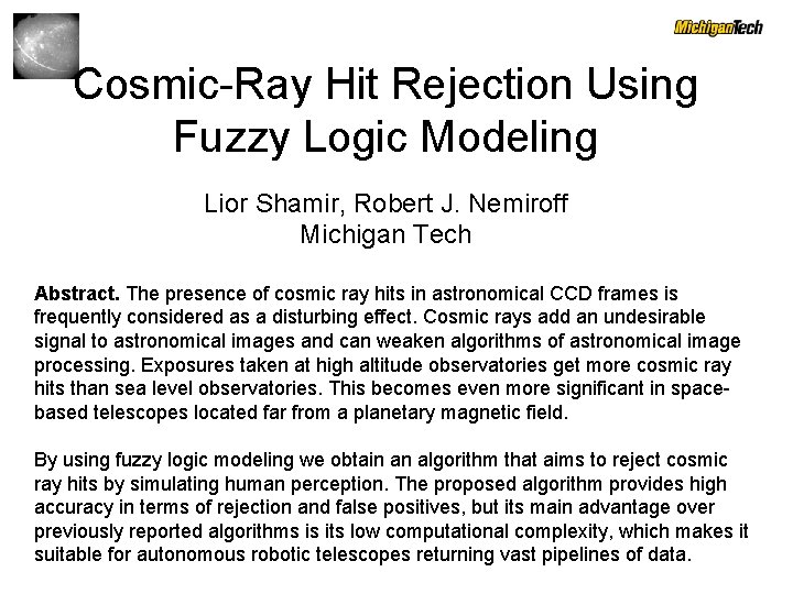 CosmicRay Hit Rejection Using Fuzzy Logic Modeling Lior
