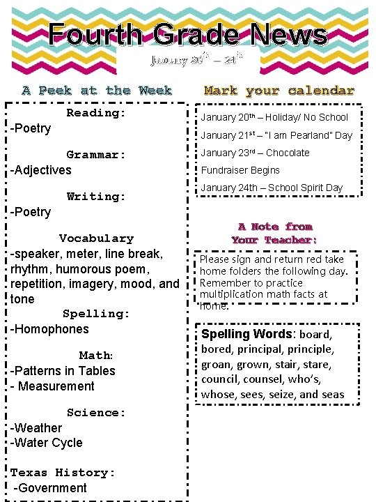 Fourth Grade News January 20 th 24 th