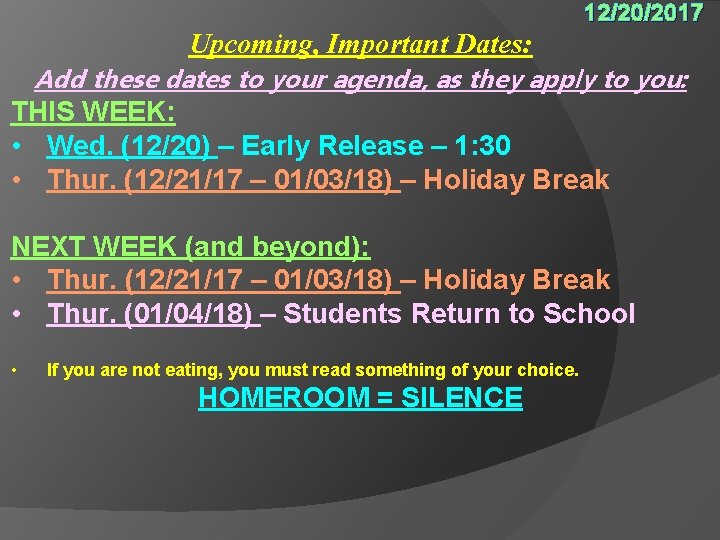 12202017 Upcoming Important Dates Add these dates to
