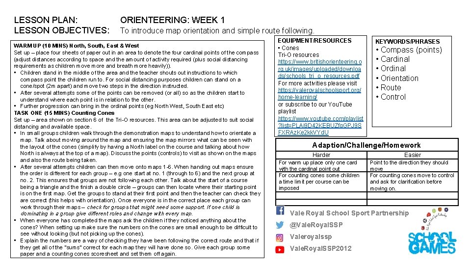 LESSON PLAN LESSON OBJECTIVES ORIENTEERING WEEK 1 To