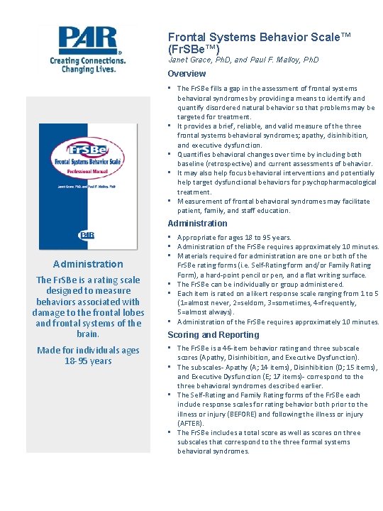 Frontal Systems Behavior Scale Fr SBe Janet Grace