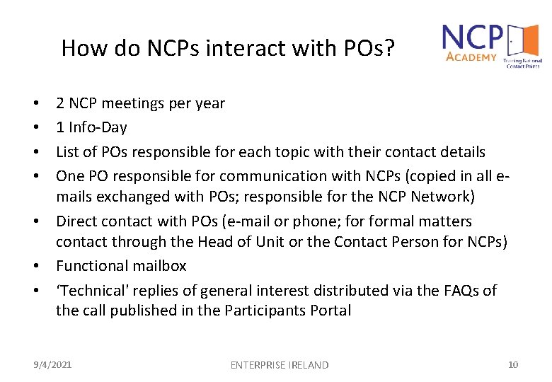 Training Project Officer and NCP interactions 20 October