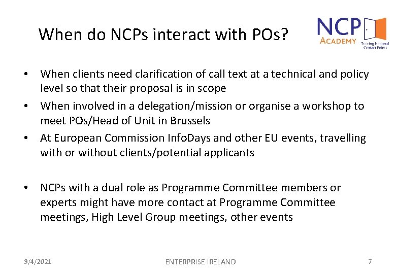 Training Project Officer and NCP interactions 20 October