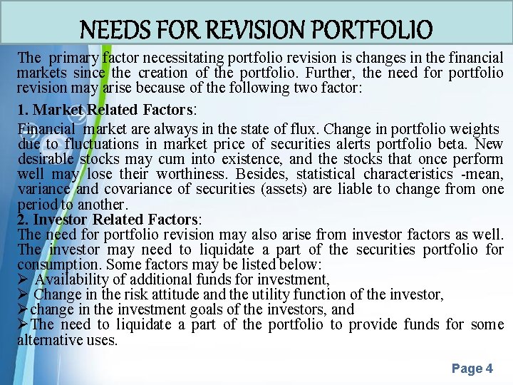 Portfolios Revision Presented by D Saveine M Com