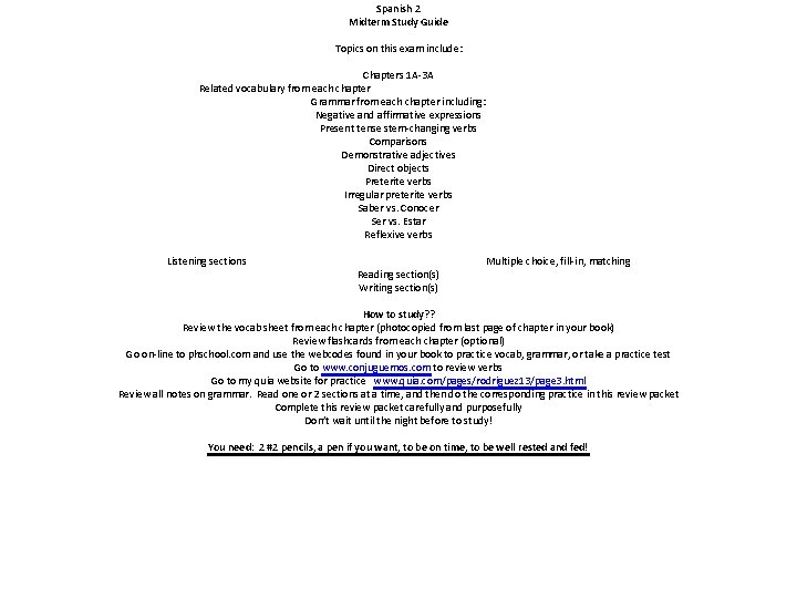 Spanish 2 Midterm Study Guide Topics on this