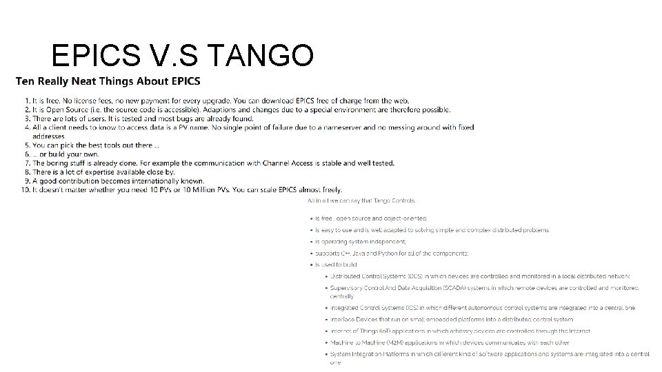 Comparison study EPICS V S TANGO Presented by