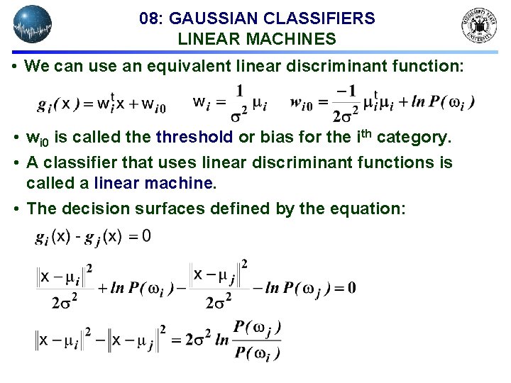 ECE 8443 Pattern Recognition LECTURE 08 GAUSSIAN CLASSIFIERS