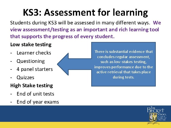 Key Stage 3 Assessment at The Becket School