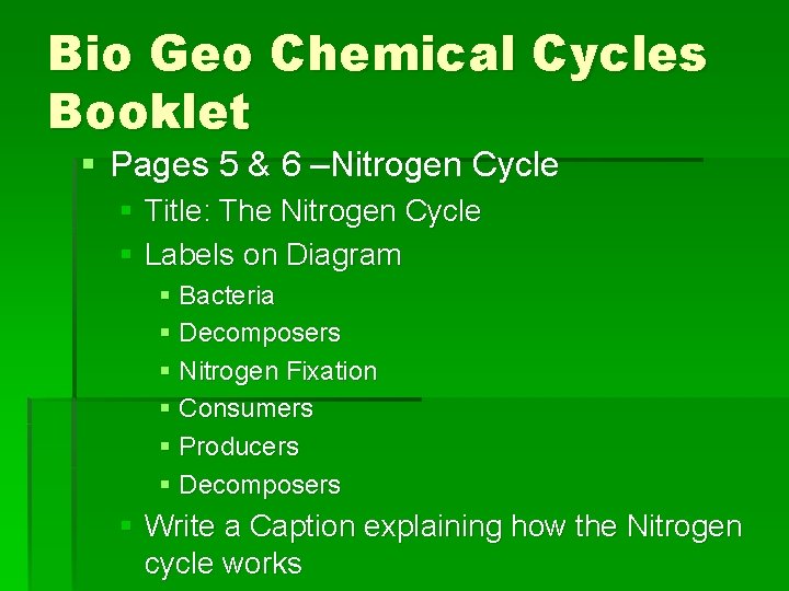 Bio Geo Chemical Cycle Booklet Assignment Please do