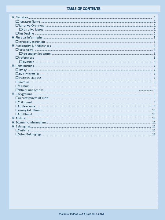 TABLE OF CONTENTS Narrative Character Name Narrative Overview
