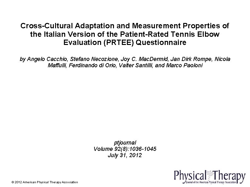 CrossCultural Adaptation and Measurement Properties of the Italian