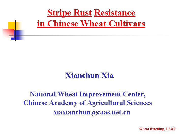 Stripe Rust Resistance in Chinese Wheat Cultivars Xianchun