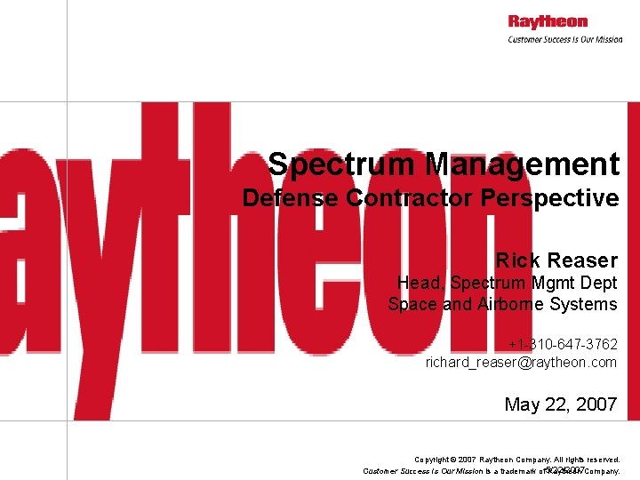 Spectrum Management Defense Contractor Perspective Rick Reaser Head