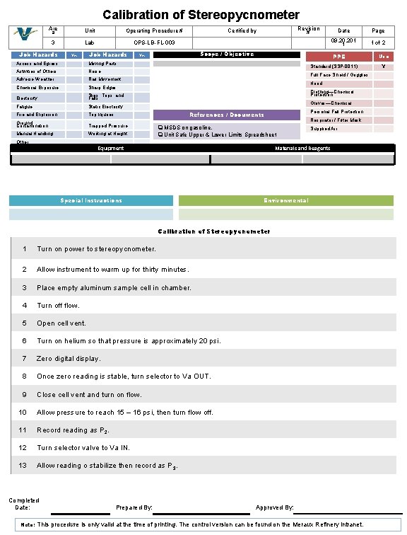 Calibration of Stereopycnometer Are a Unit Operating Procedure