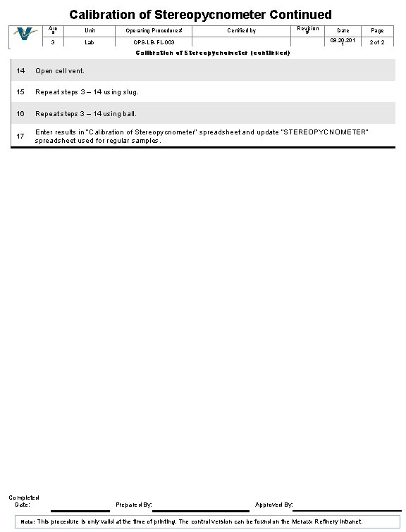 Calibration of Stereopycnometer Are a Unit Operating Procedure