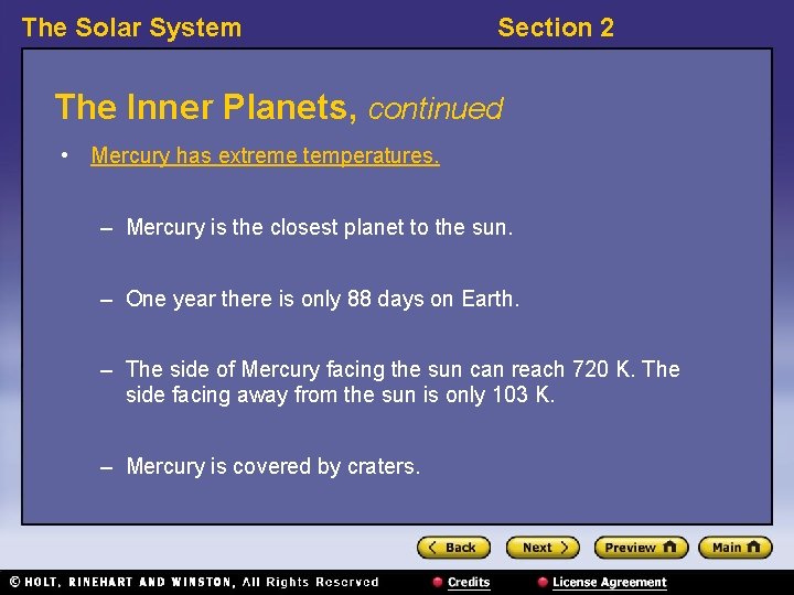 The Solar System Section 2 The Inner Planets