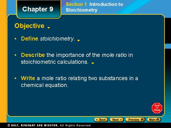Chapter 9 Preview Lesson Starter Objective Stoichiometry Definition