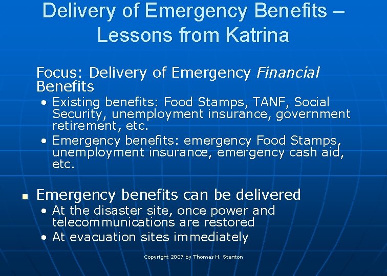 Delivery of Emergency Benefits Lessons from Katrina FEMA